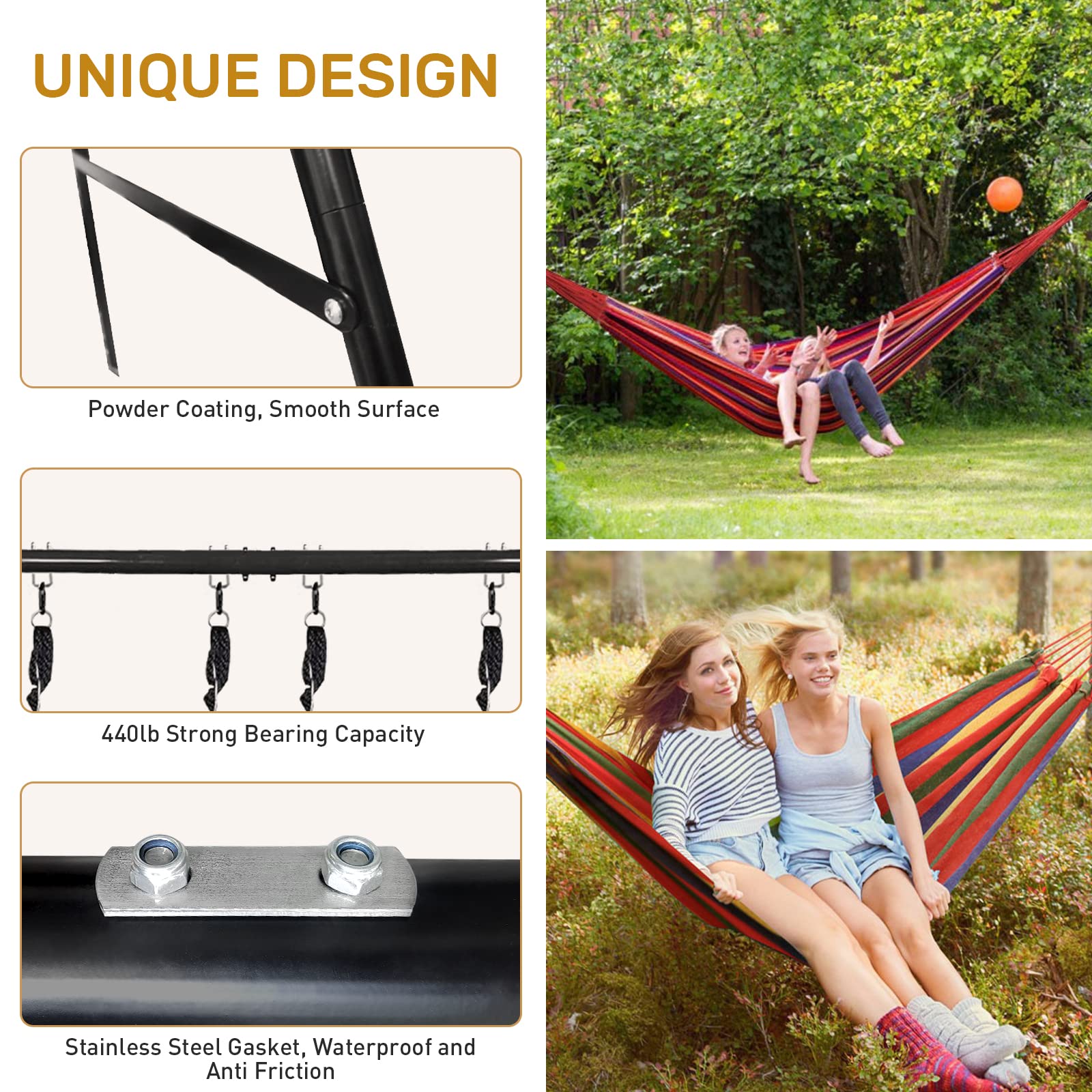 IKARE Metal Swing Frame with Hammock, Extra Large 2 in 1 Swing Stand Fits for Most Swings, Indoor and Outdoor Activities, Garden, Backyard, Playground