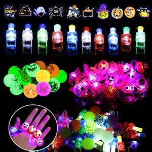 halloween party favors for kids - 52pcs halloween decorations led flash rings for kids' halloween party supplies, 3 types led halloween toys with bouncy balls for treat or trick, party game gifts