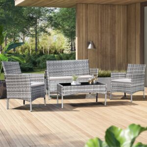 Homall 4 Pieces Patio Rattan Chair Wicker Set,Outdoor Indoor Use Backyard Porch Garden Poolside Balcony Furniture (Grey and Beige)