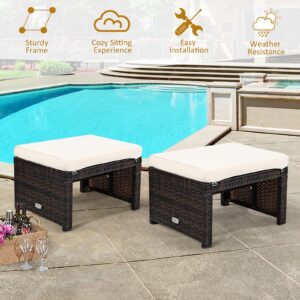 Tangkula 2 Pieces Patio Rattan Ottomans, All Weather Outdoor Footstool Footrest Seat with Soft Cushion, Hidden Zipper, High-Density Sponge, Wicker Ottoman Seat for Patio, Garden, Poolside (White)