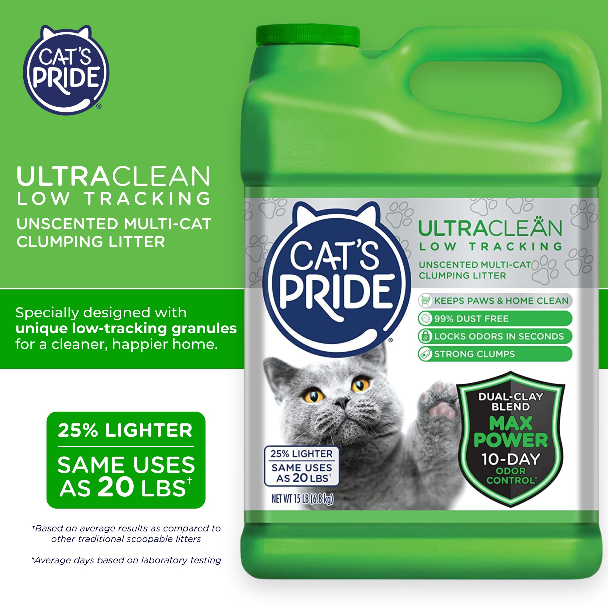 Cat's Pride Max Power: UltraClean Low Tracking Multi-Cat Clumping Litter - Keeps Paws & Home Clean - Up to 10 Days of Powerful Odor Control - 99% Dust Free - Unscented, 15 Pounds