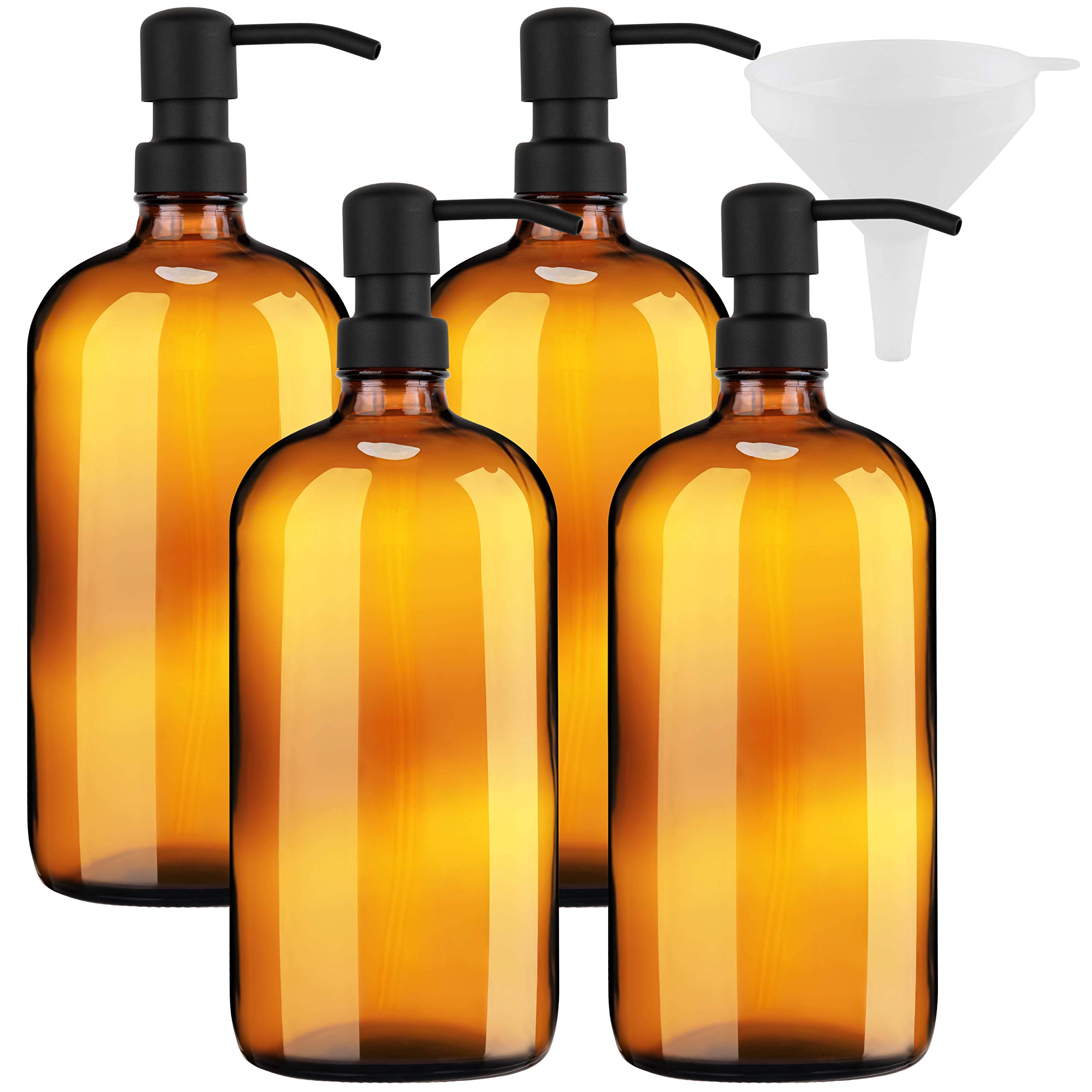 kitchentoolz Large Pump Bottle - 32 Ounce Glass Shampoo and Soap Dispenser - Amber