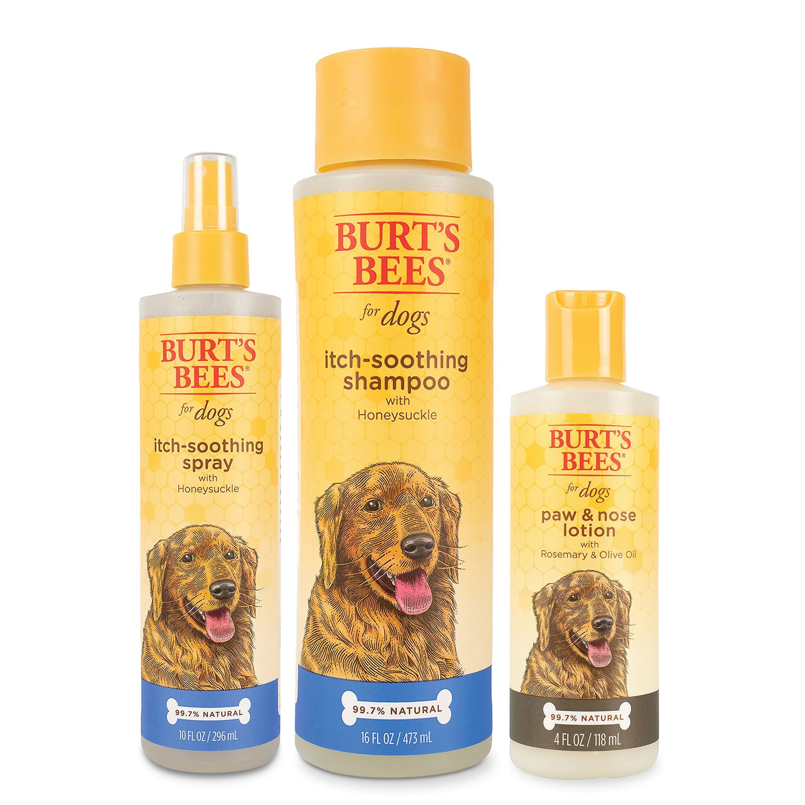 Burt's Bees Bundle Itch Soothing Grooming Kit - Includes Natural Itch Soothing Shampoo & Itch Soothing Spray with Honeysuckle, and Paw & Nose Lotion with Rosemary & Olive Oil - Made in The USA