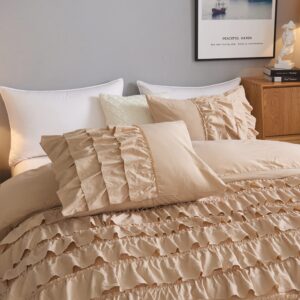 Sleepymoon Khaki Light Brown Duvet Cover Set Twin Size Waterfall Ruffle 2-Piece Soft Brushed Microfiber All Season with Zipper Closure, 1 Flounced Duvet Cover 68x90 inch and 1 Pillow Sham