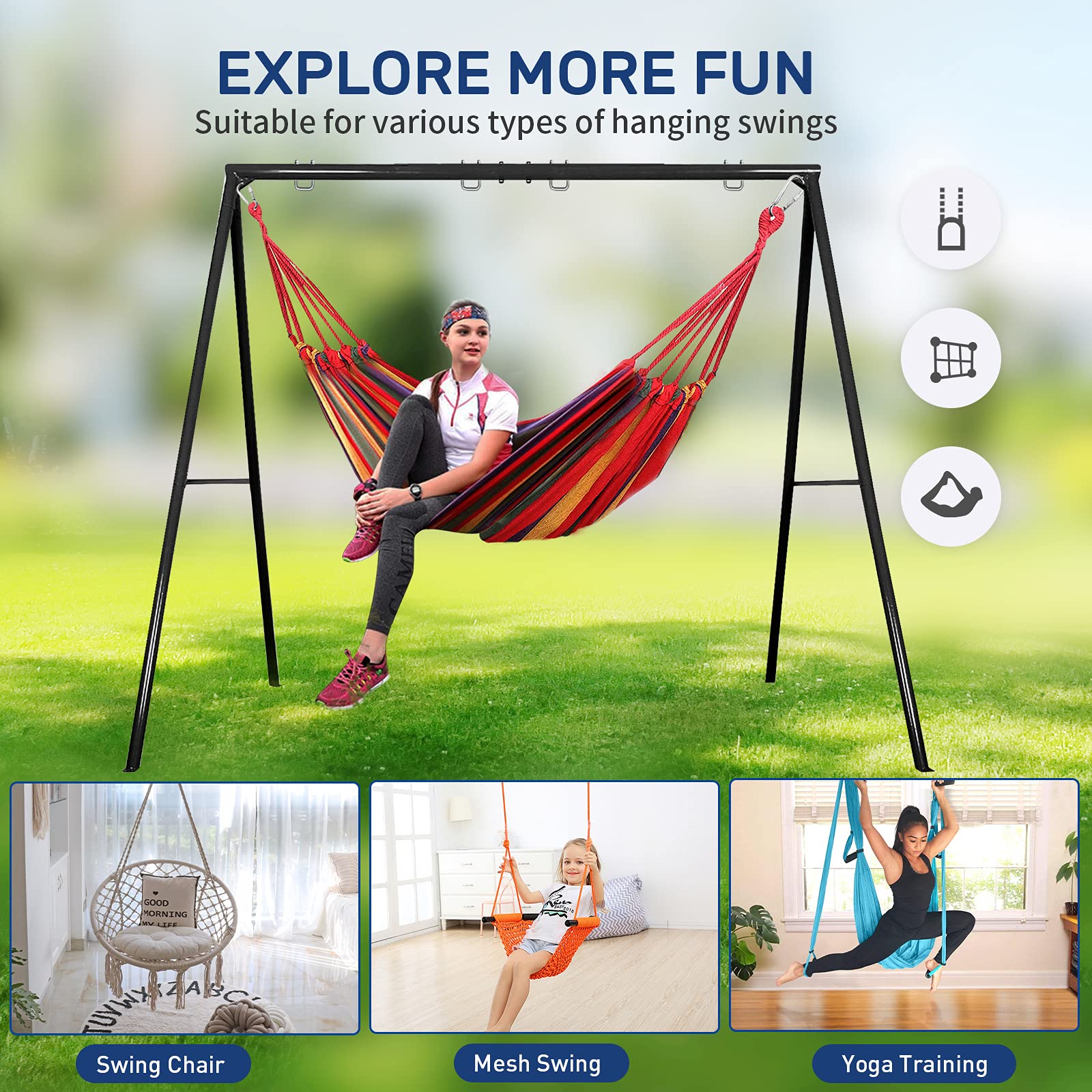 IKARE Metal Swing Frame with Hammock, Extra Large 2 in 1 Swing Stand Fits for Most Swings, Indoor and Outdoor Activities, Garden, Backyard, Playground