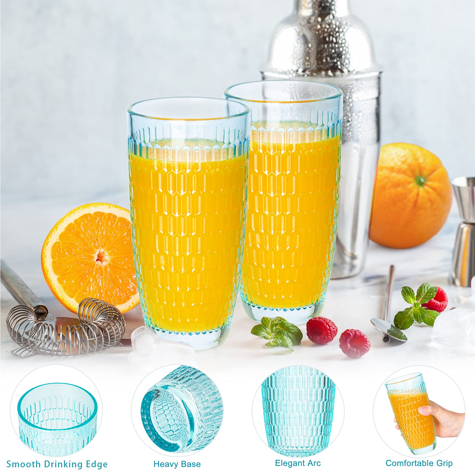 CREATIVELAND Highball Beverage Glasses Set of 6 TURQUOISE Colored Thick & Heavy Base Big Capacity 14.87oz|440ml, Drinking Glass Tumbler for Iced Tea, Water, Soda & Juice and Cocktails etc