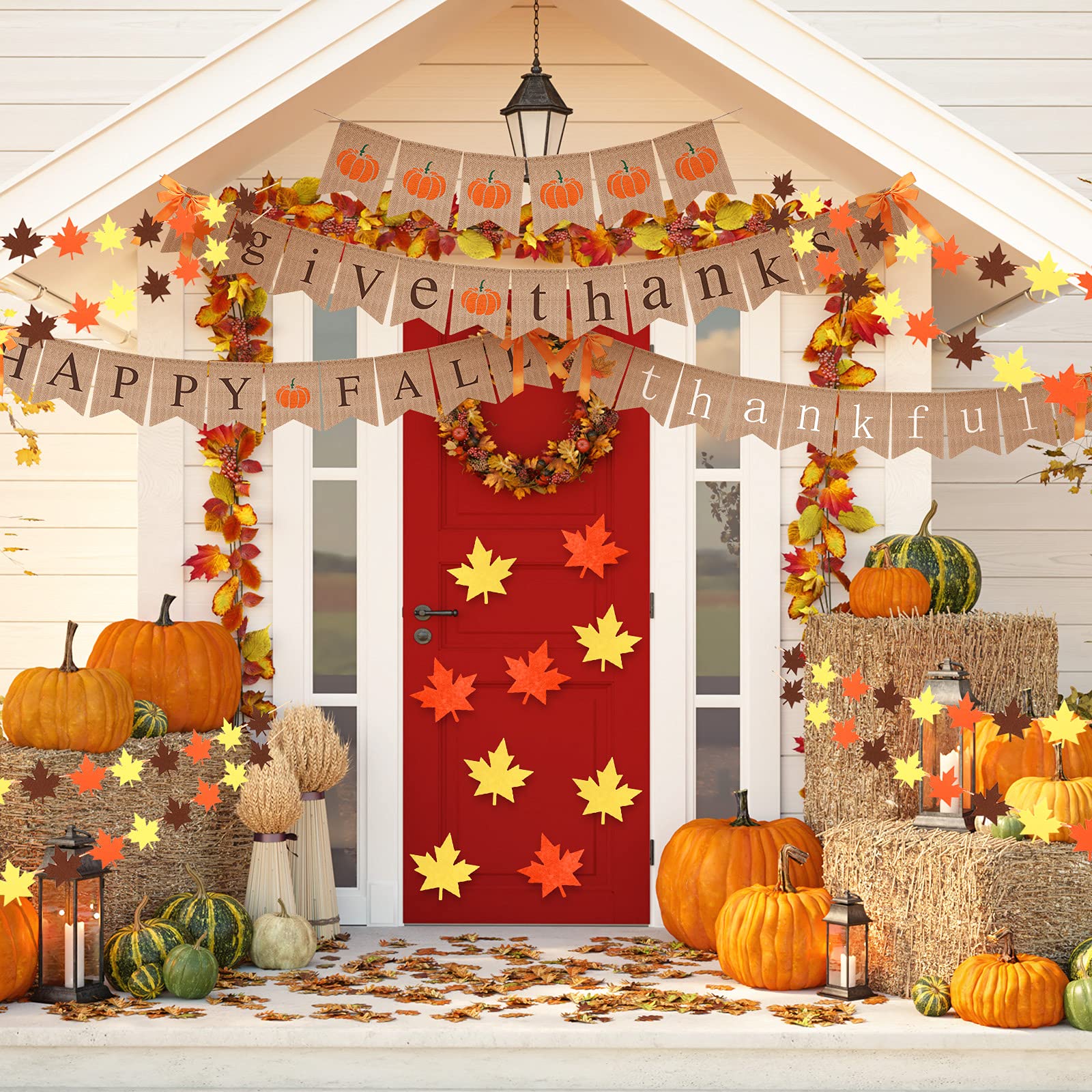 5 Pieces Happy Fall Burlap Banners Thanksgiving Garland Banners Maple Leaf Pumpkin Thanks Banners Rustic Fall Harvest Bunting Flags for Fall Harvest Thanksgiving Decorations