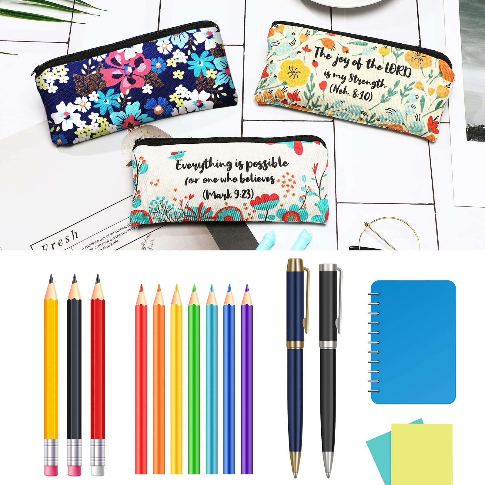 4 Pieces Inspirational Bible Verse Pencil Pouch Christian Pencil Case Scripture Makeup Bags Canvas Cosmetic Bags for Students Office Journaling Supplies (Bible Verse Pattern,7.8 x 3.8 Inch)