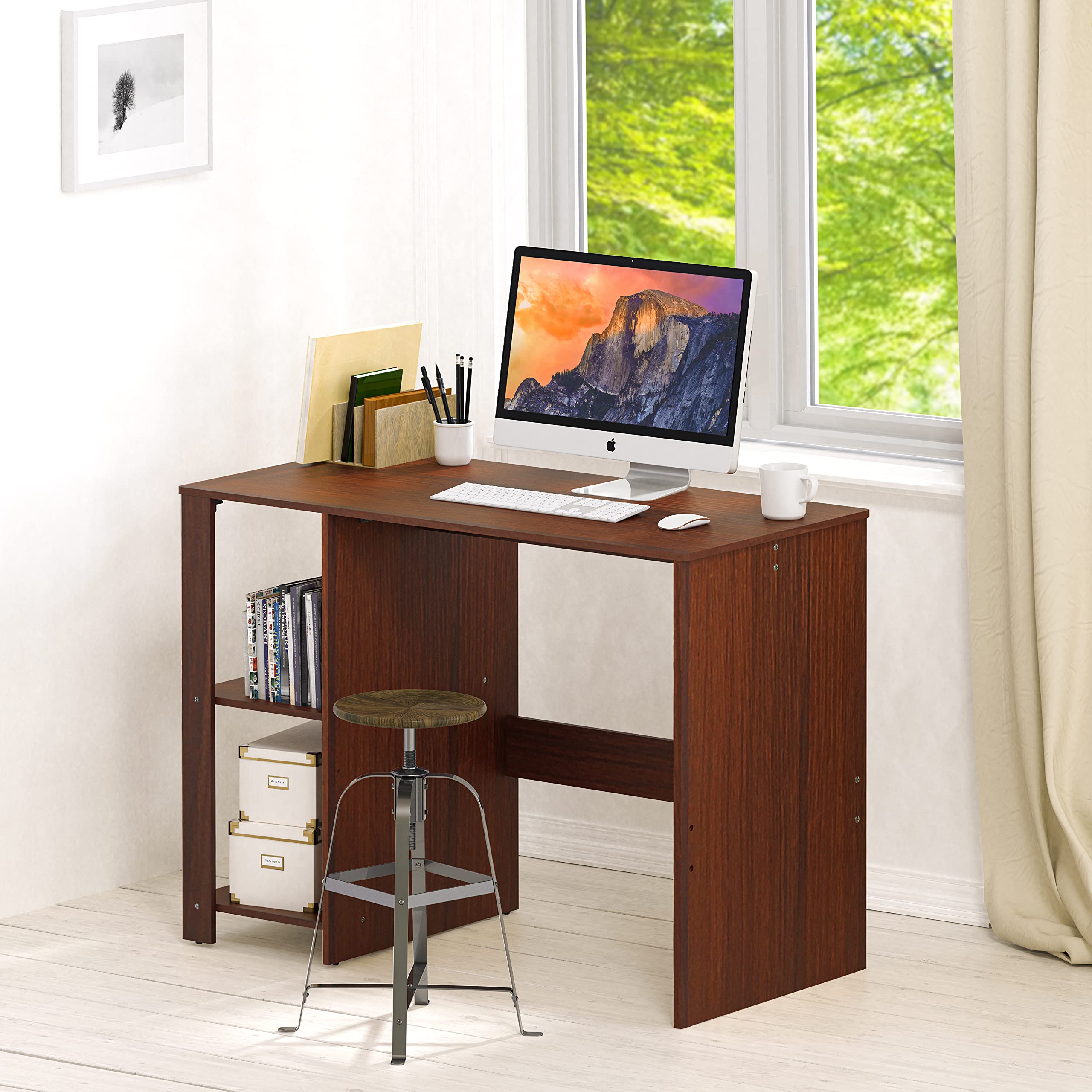 SHW Home Office Computer Desk with Shelves, Cherry