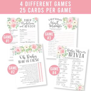 Hadley Designs Floral Baby Shower Games For Girls - 50 cards, Two 25-game sets, 4 Games Double Sided, Baby Prediction And Advice Cards, Baby Trivia, True Or False Baby Game, Baby Word Scramble Game