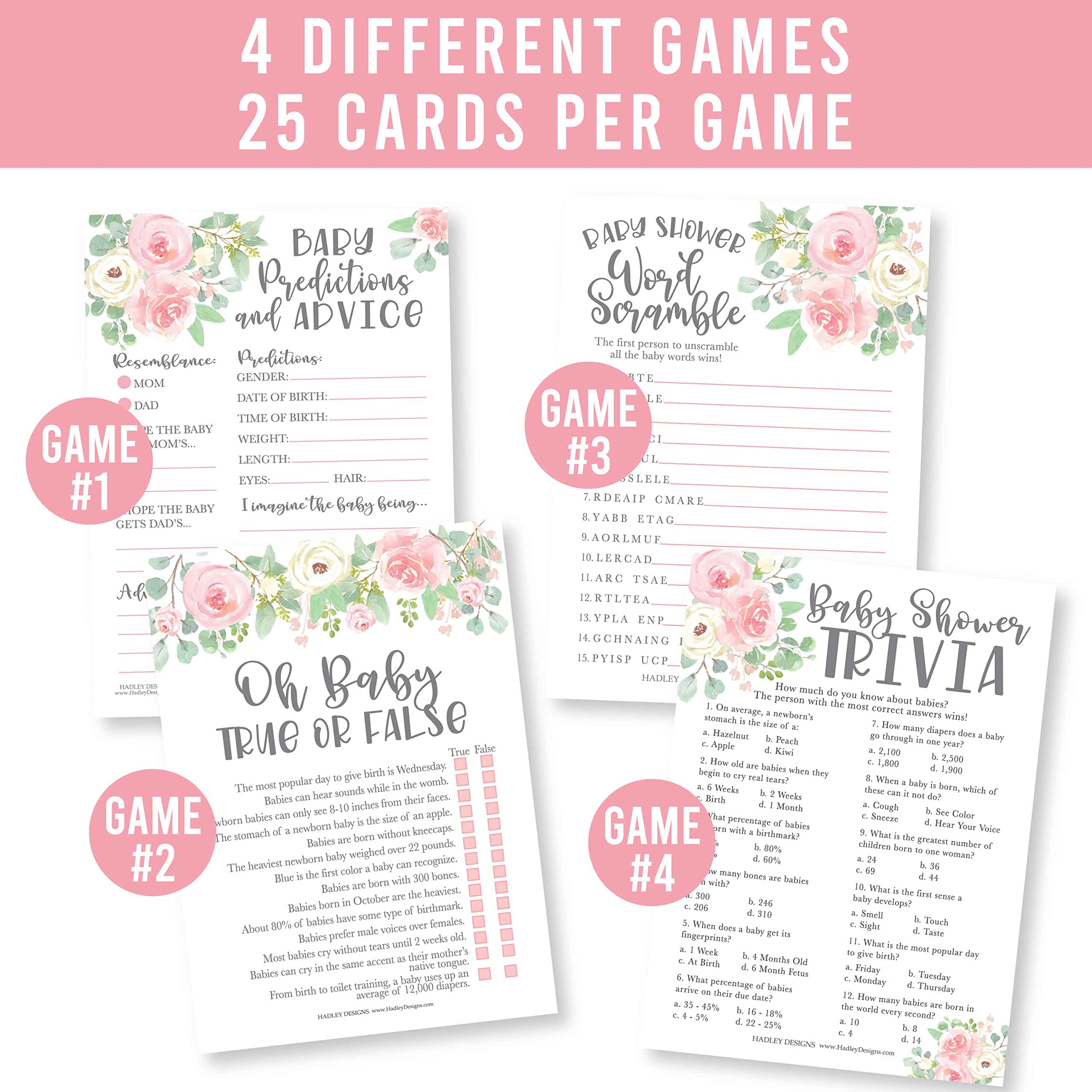 Hadley Designs Floral Baby Shower Games For Girls - 50 cards, Two 25-game sets, 4 Games Double Sided, Baby Prediction And Advice Cards, Baby Trivia, True Or False Baby Game, Baby Word Scramble Game