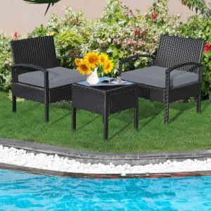 HAPPYGRILL 3 Pieces Patio Conversation Set Outdoor Wicker Furniture Set Rattan Table Chairs Set with Seat Cushions Modern Bistro Set with Coffee Table for Garden Balcony Backyard