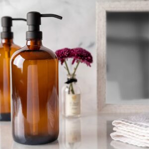 kitchentoolz Large Pump Bottle - 32 Ounce Glass Shampoo and Soap Dispenser - Amber