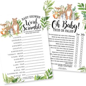 hadley designs woodland baby shower games gender neutral - 2 games double sided, 25 word scramble for baby shower ideas, 25 true or false baby shower game, gender reveal games for guests