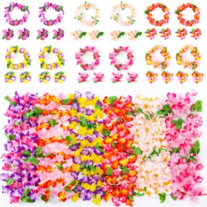 futureplusx hawaiian leis, 48pcs hawaiian party necklace headbands and wristbands for hawaiian luau decoration tropical themed party