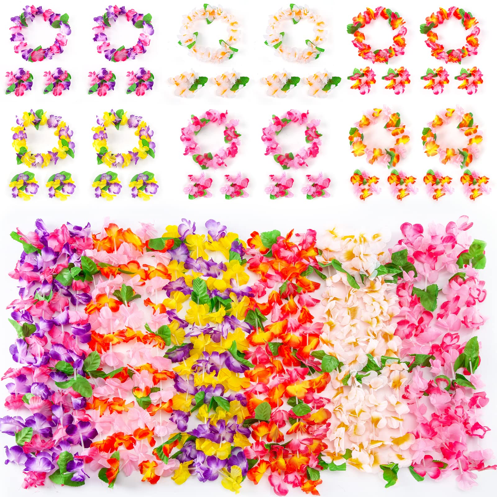 FUTUREPLUSX Hawaiian Leis, 48PCS Hawaiian Party Necklace Headbands and Wristbands for Hawaiian Luau Decoration Tropical themed Party