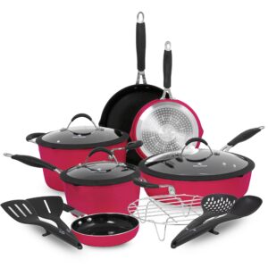 paula deen family 14-piece ceramic, non-stick cookware set, 100% pfoa-free and induction ready, features stay-cool handles, dual pour spouts and kitchen tools (ruby red)