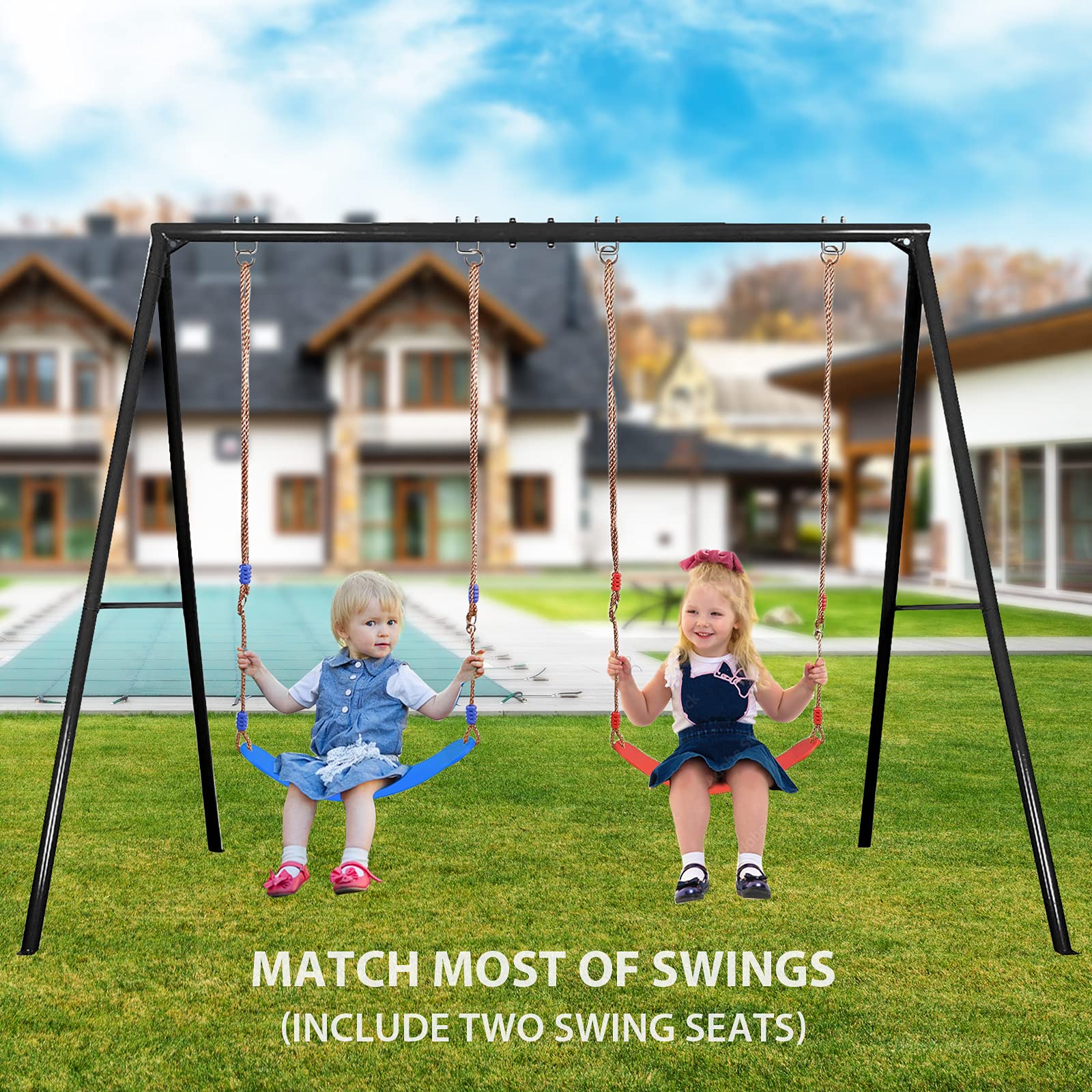 IKARE Metal Swing Frame with 2 Belt Swing Seats, Extra Large Swing Set for Kids and Adults, 2 Seats Supports up to 440 LBS, Fits for Indoor and Outdoor Activities, Garden, Backyard, Playground