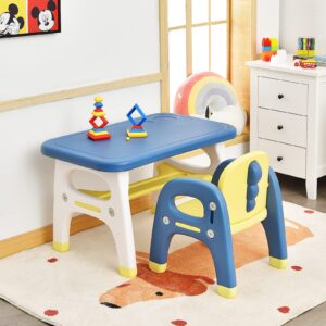 Costzon Toddler Table and Chair Set, Cute Dinosaur Children Activity Art Sturdy Desk Set w/Storage Rack & Montessori Toys Building Blocks, Kids Table and Chair for Baby Boys Girls (Blue)