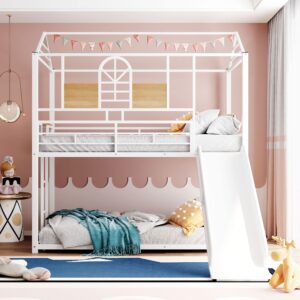 Twin Over Twin Metal Bunk Bed with Slide and Integrated Ladder, Housebed Bunk Bed for Kids Toddlers, Can be Decorated with Mosquito nets (White with White Slide)