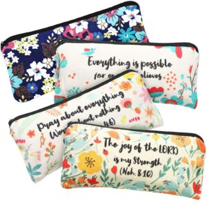 4 pieces inspirational bible verse pencil pouch christian pencil case scripture makeup bags canvas cosmetic bags for students office journaling supplies (bible verse pattern,7.8 x 3.8 inch)