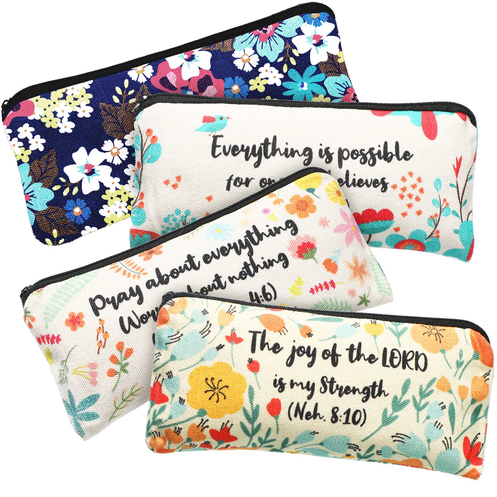 4 Pieces Inspirational Bible Verse Pencil Pouch Christian Pencil Case Scripture Makeup Bags Canvas Cosmetic Bags for Students Office Journaling Supplies (Bible Verse Pattern,7.8 x 3.8 Inch)