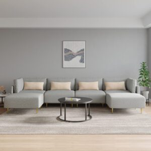 mgh sectional sofa couch, luxury contemporary u-shape sofa set,linen fabric 4-seat and 2 ottoman living room couch chaise living room furniture sets,grey