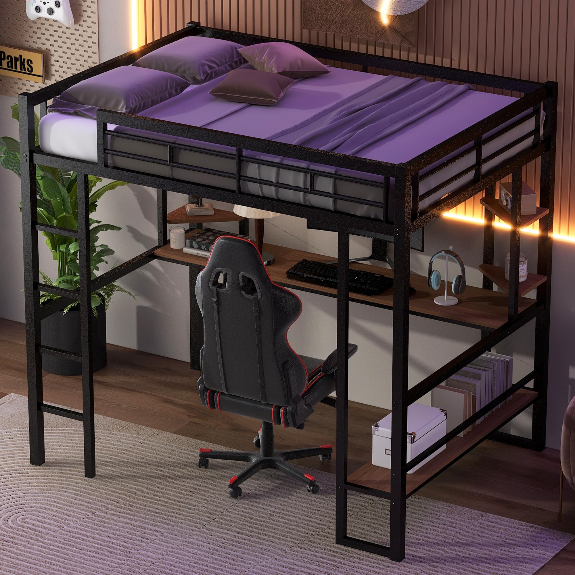 SOFTSEA Full Loft Bed with Desk and Storage Shelves High Metal Loft Bunk Bed with Ladder, No Box Spring Needed