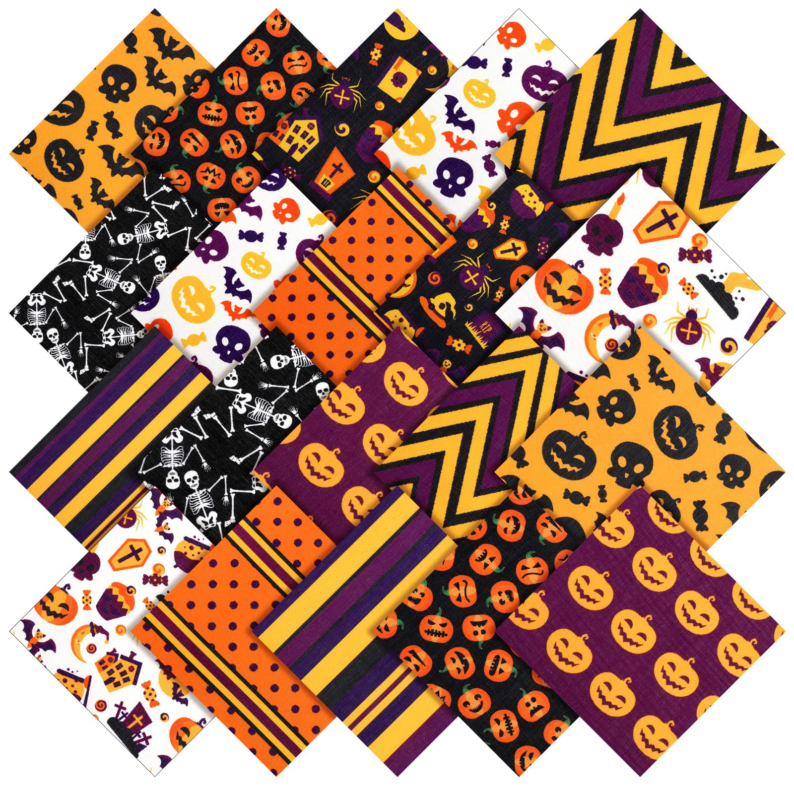 20 Pieces 10 x 10 Inch Halloween Fabric Quilting Bat Pumpkin Skull Print Patchwork Squares Craft Bundle Mixed Pattern Fabric Halloween Theme Decorative Fabric for DIY Halloween Decor (Stylish Style)