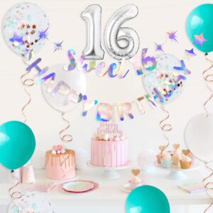 Iridescent Sweet 16 Happy Birthday Banner Garland for Sweet 16 Decorations Hanging Sweet 16 Signs for Girls 16th Birthday Party Decor 16th Happy Birthday Party Sign for Sweet Sixteen Party Supplies