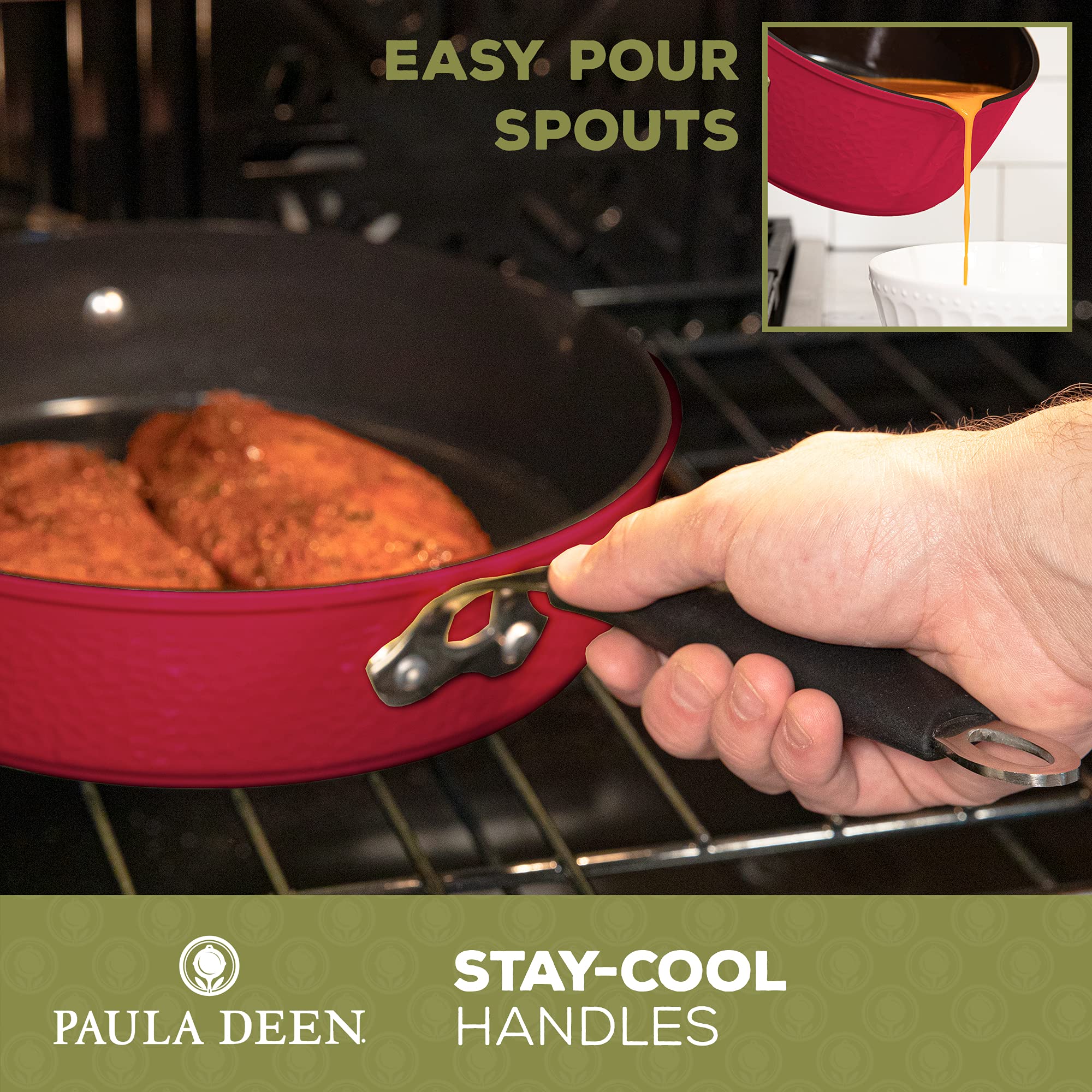 Paula Deen Family 14-Piece Ceramic, Non-Stick Cookware Set, 100% PFOA-Free and Induction Ready, Features Stay-Cool Handles, Dual Pour Spouts and Kitchen Tools (Ruby Red)