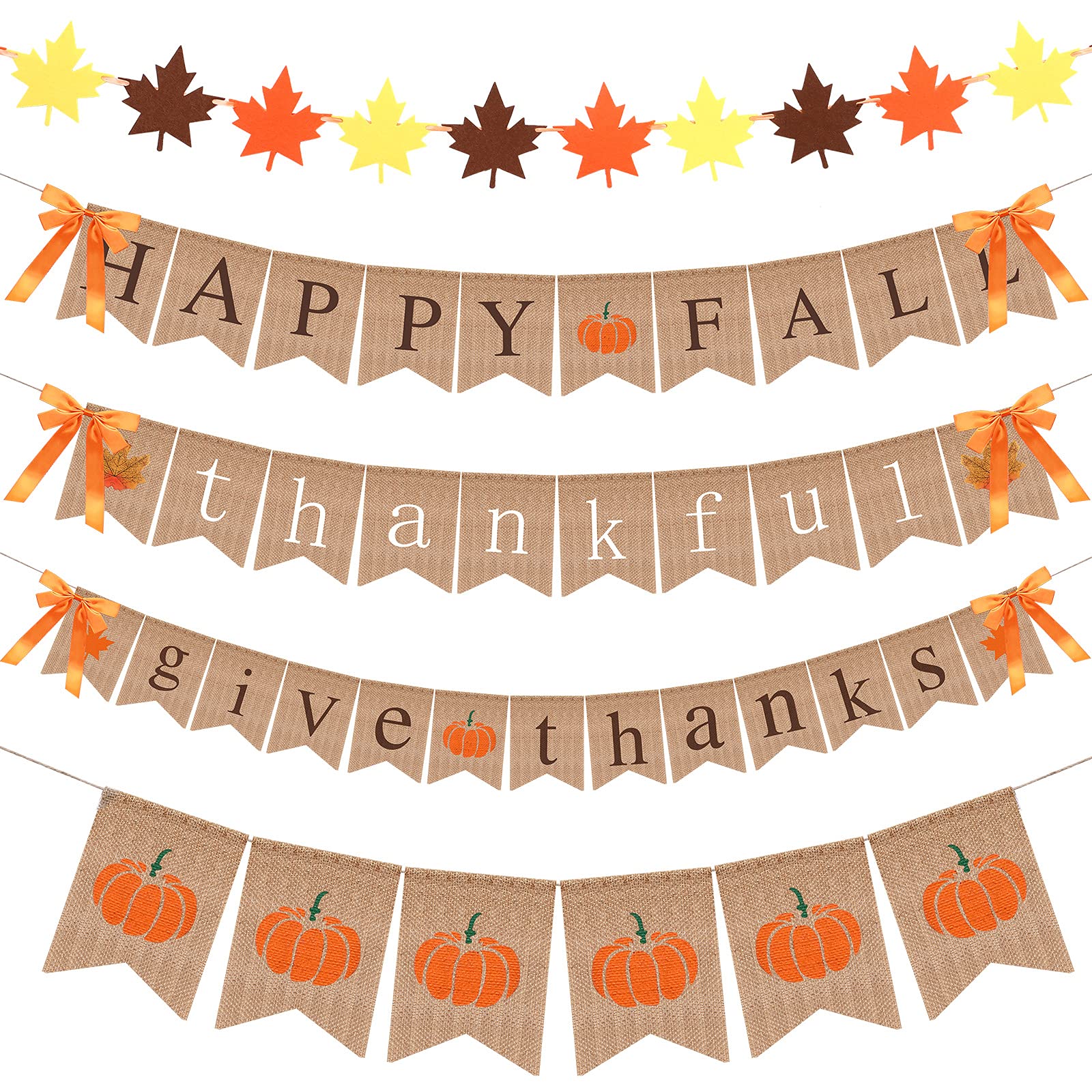 5 Pieces Happy Fall Burlap Banners Thanksgiving Garland Banners Maple Leaf Pumpkin Thanks Banners Rustic Fall Harvest Bunting Flags for Fall Harvest Thanksgiving Decorations