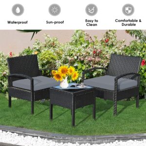 HAPPYGRILL 3 Pieces Patio Conversation Set Outdoor Wicker Furniture Set Rattan Table Chairs Set with Seat Cushions Modern Bistro Set with Coffee Table for Garden Balcony Backyard