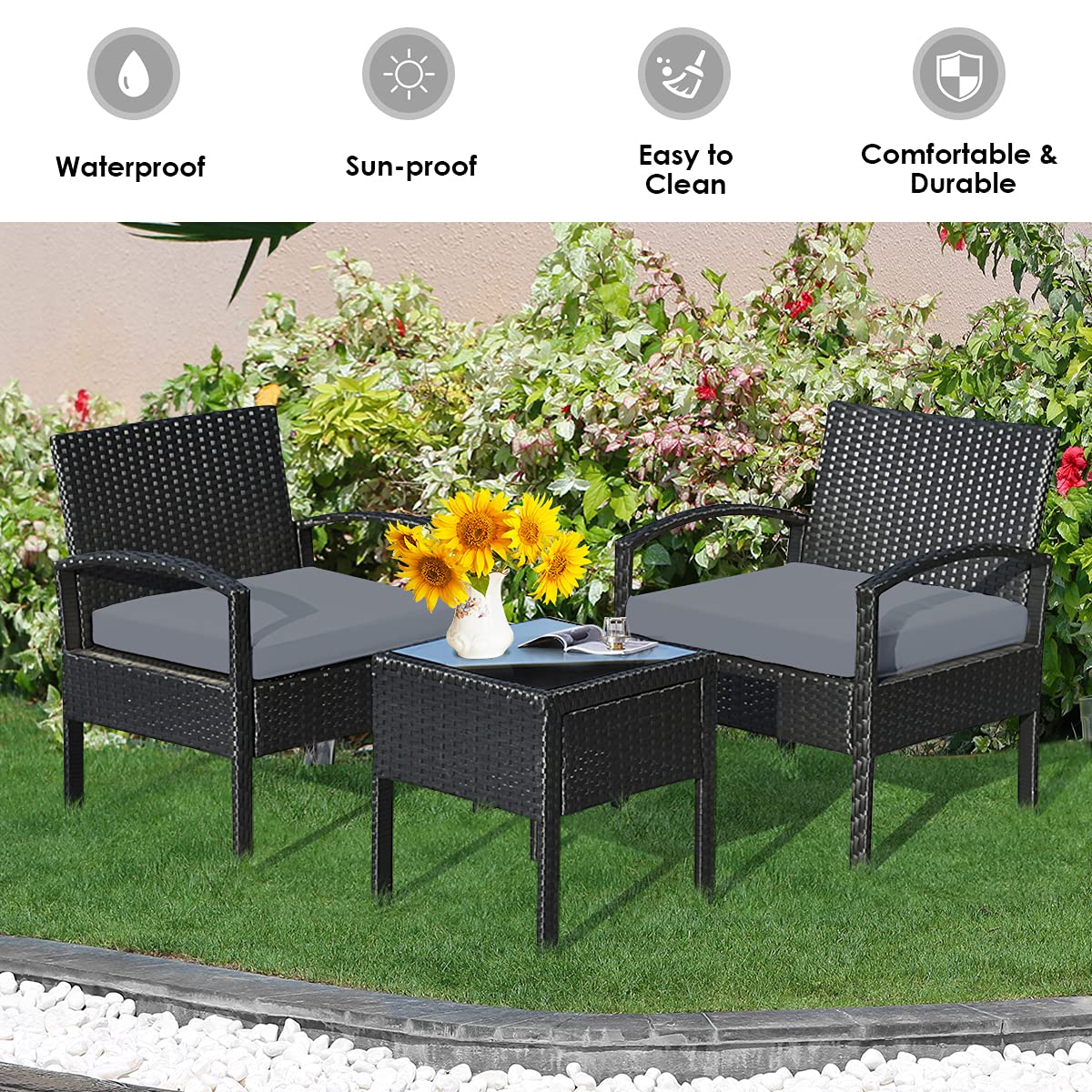 HAPPYGRILL 3 Pieces Patio Conversation Set Outdoor Wicker Furniture Set Rattan Table Chairs Set with Seat Cushions Modern Bistro Set with Coffee Table for Garden Balcony Backyard