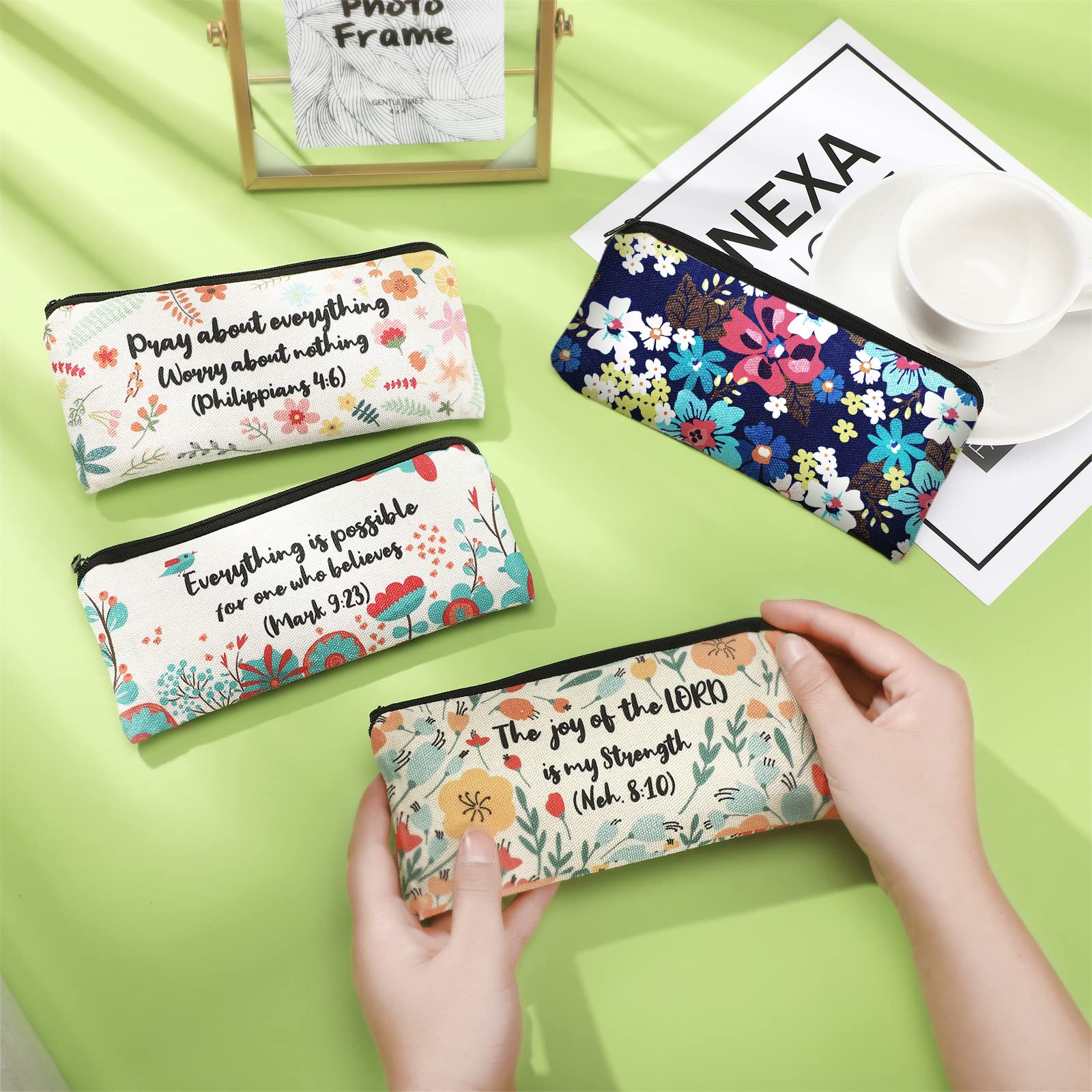 4 Pieces Inspirational Bible Verse Pencil Pouch Christian Pencil Case Scripture Makeup Bags Canvas Cosmetic Bags for Students Office Journaling Supplies (Bible Verse Pattern,7.8 x 3.8 Inch)