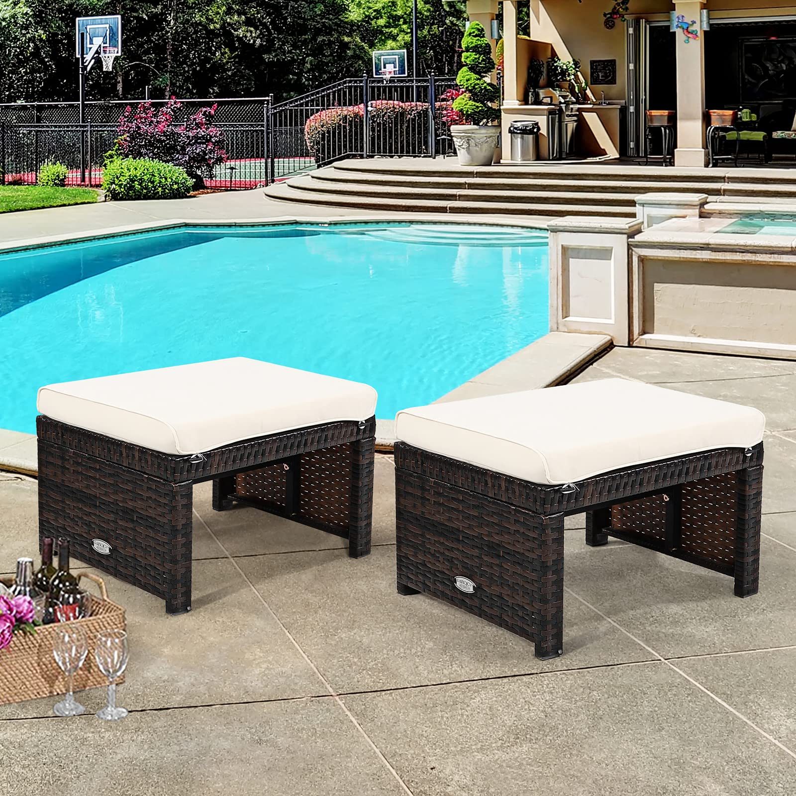 Tangkula 2 Pieces Patio Rattan Ottomans, All Weather Outdoor Footstool Footrest Seat with Soft Cushion, Hidden Zipper, High-Density Sponge, Wicker Ottoman Seat for Patio, Garden, Poolside (White)