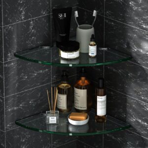 Corner Glass Shower Caddy 2 Pack 8MM-Thick Tempered Glass Shelf No Drilling Wall Mount Corner Mounted Shelves Space Saver Adhesive Bathroom Home Shelf Shampoo Holder Organizer Strong Adhesion