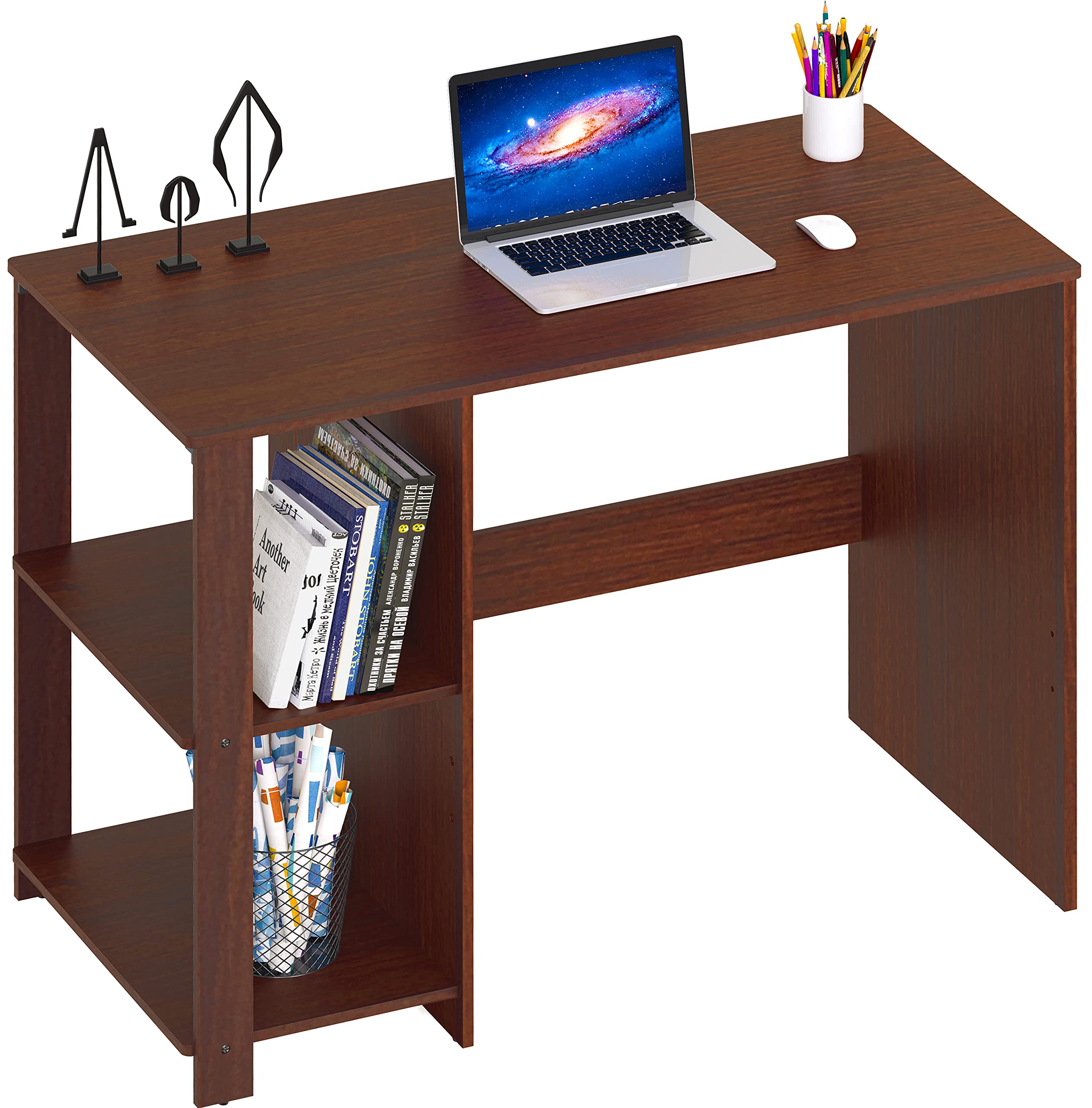 SHW Home Office Computer Desk with Shelves, Cherry