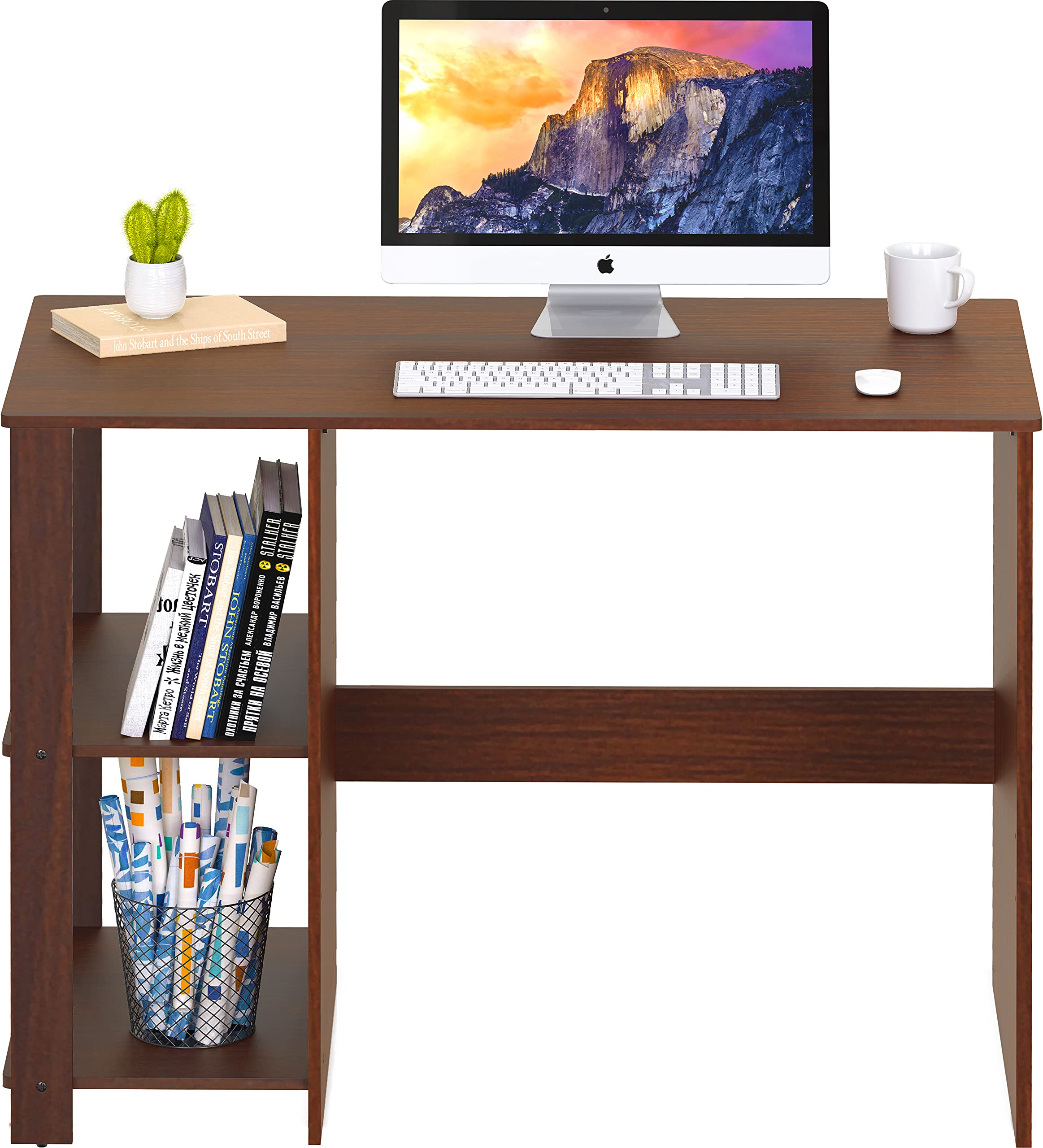 SHW Home Office Computer Desk with Shelves, Cherry