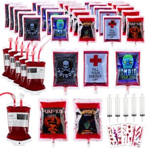 halloween blood bags party supplies - 40pcs blood bags for drinks 30 reusable drink pouches+5 syringes+5pcs bloody tattoos, blood bags for vampire zombie costumes halloween party favors decorations