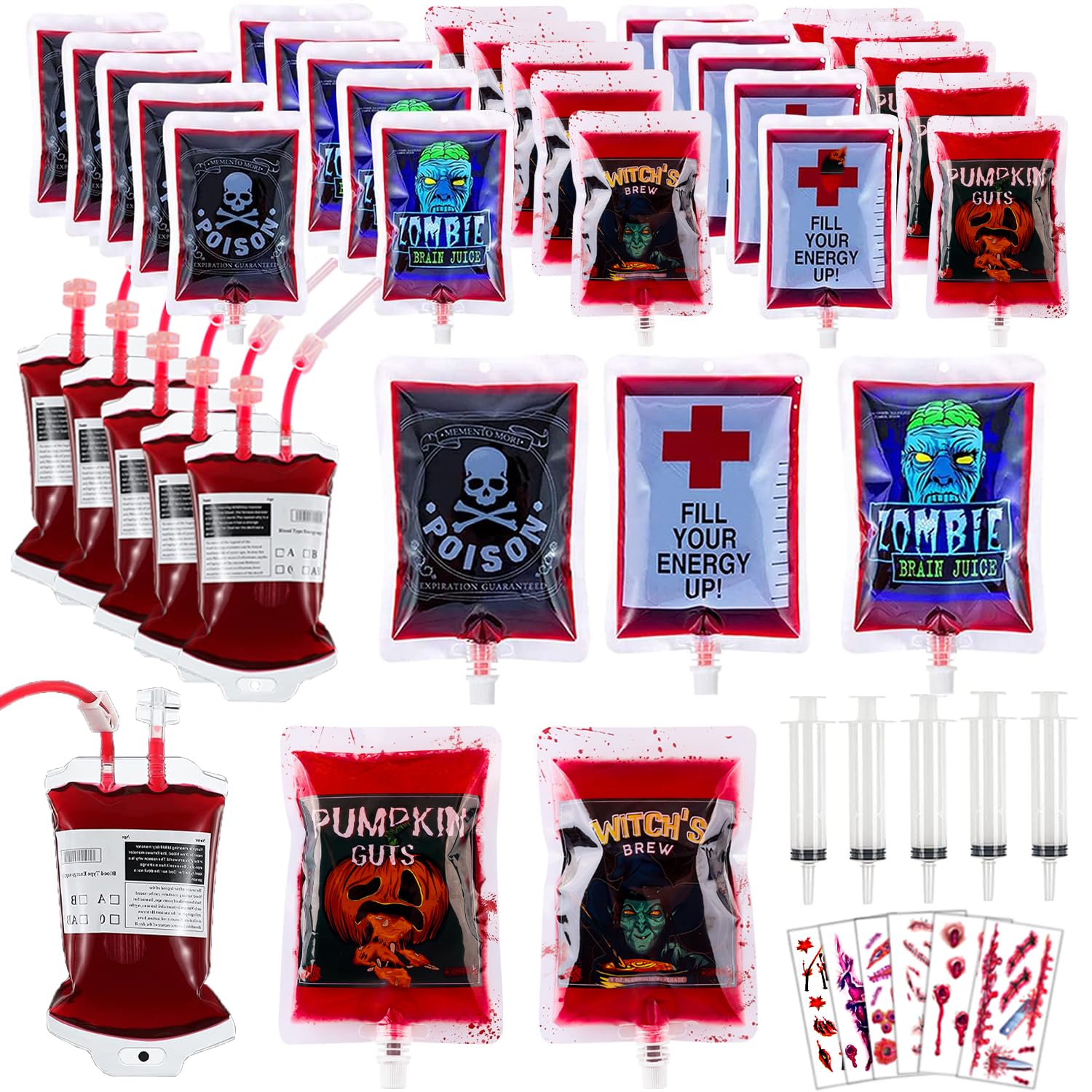 Halloween Blood Bags Party Supplies - 40PCS Blood Bags for Drinks 30 Reusable Drink Pouches+5 Syringes+5PCS Bloody Tattoos, Blood Bags for Vampire Zombie Costumes Halloween Party Favors Decorations