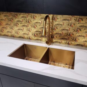 Strictly Sinks 32 Inch Undermount Kitchen Sink - 16 Guage 50/50 Double Bowl Kitchen Sink - Stain & Rust Resistant Gold Kitchen Sink with Bottom Grid, 1 Disposal Adapter & 2 Strainer Drains