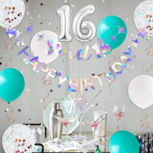 Iridescent Sweet 16 Happy Birthday Banner Garland for Sweet 16 Decorations Hanging Sweet 16 Signs for Girls 16th Birthday Party Decor 16th Happy Birthday Party Sign for Sweet Sixteen Party Supplies