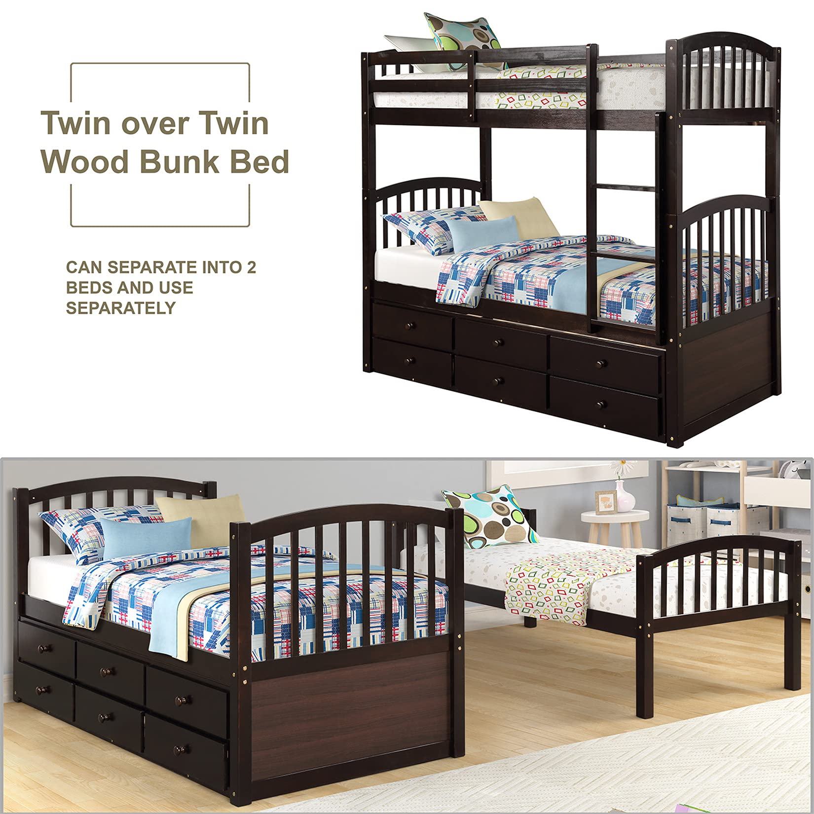 Harper & Bright Designs Twin Over Twin Bunk Bed with Trundle and Storage Drawers Wood Bunk Beds Frame for Kids Girls Boys Teens, Espresso