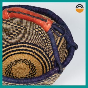 Bolga Zaare Market Basket, Handmade in Ghana by Women Artisans, Natural + Midnight Color, LARGE, 16"-18" Diameter x 9"-10" H, RED HANDLE (1 basket)