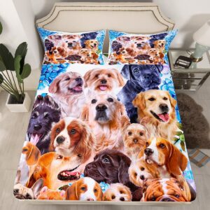 Cute Puppy Dog Bedding Fitted Sheet Cartoon Pet Pug Dog Bulldog Bed Sheet Set Kids Boys Girls Dog Lover Animal Design Bedding Sheets Various Puppy Bed Cover Bedroom Collection 4Pcs Bedding Full