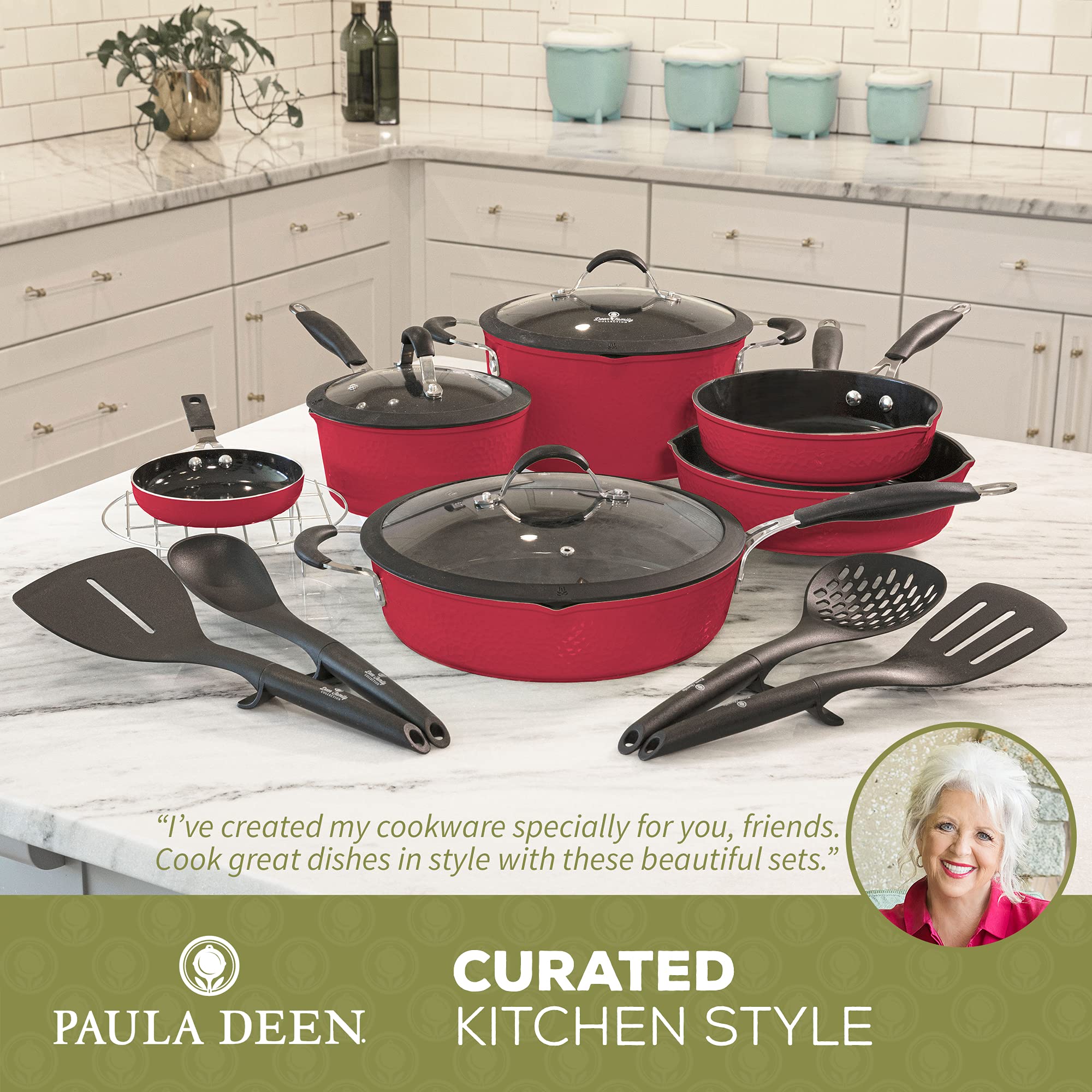 Paula Deen Family 14-Piece Ceramic, Non-Stick Cookware Set, 100% PFOA-Free and Induction Ready, Features Stay-Cool Handles, Dual Pour Spouts and Kitchen Tools (Ruby Red)