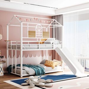 twin over twin metal bunk bed with slide and integrated ladder, housebed bunk bed for kids toddlers, can be decorated with mosquito nets (white with white slide)