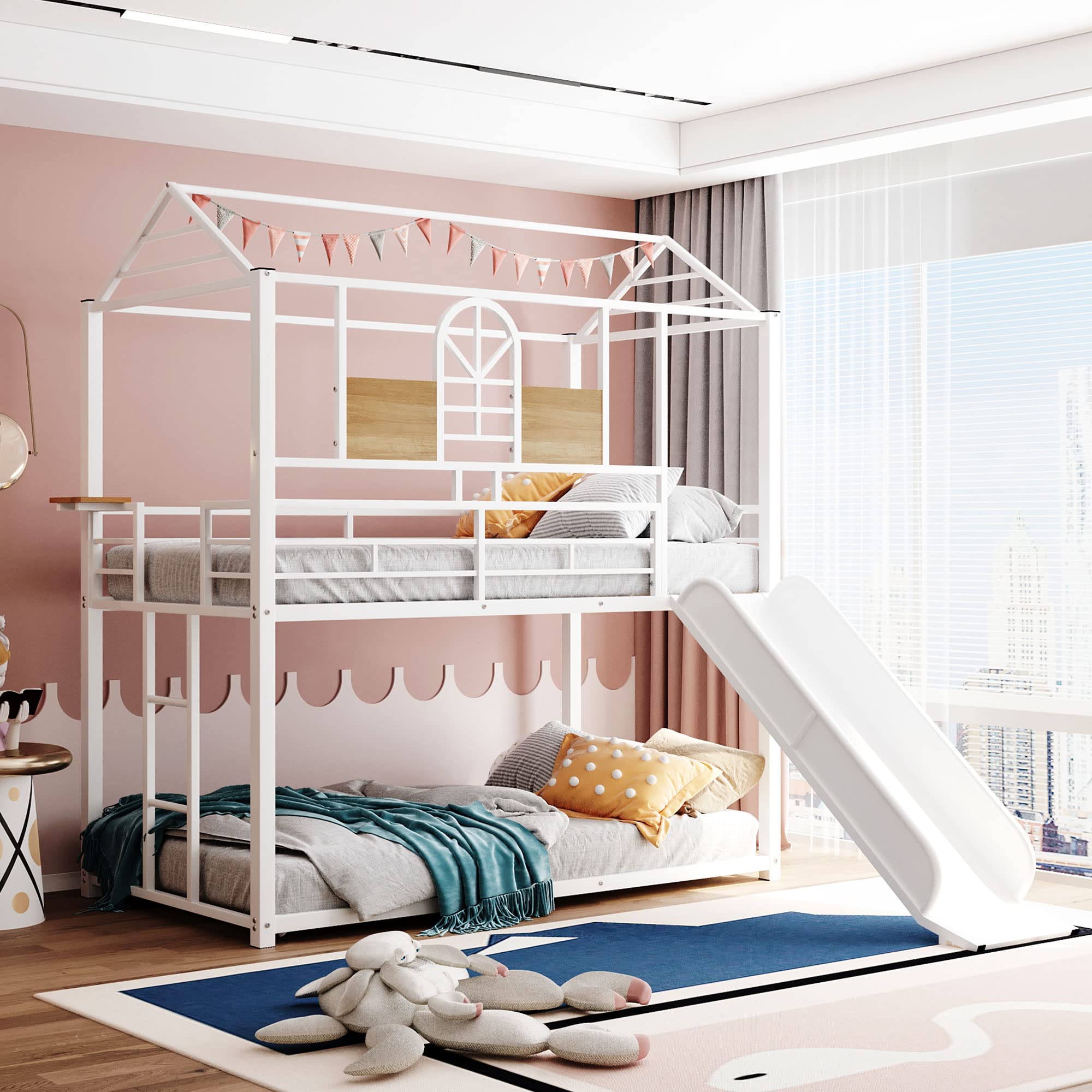 Twin Over Twin Metal Bunk Bed with Slide and Integrated Ladder, Housebed Bunk Bed for Kids Toddlers, Can be Decorated with Mosquito nets (White with White Slide)