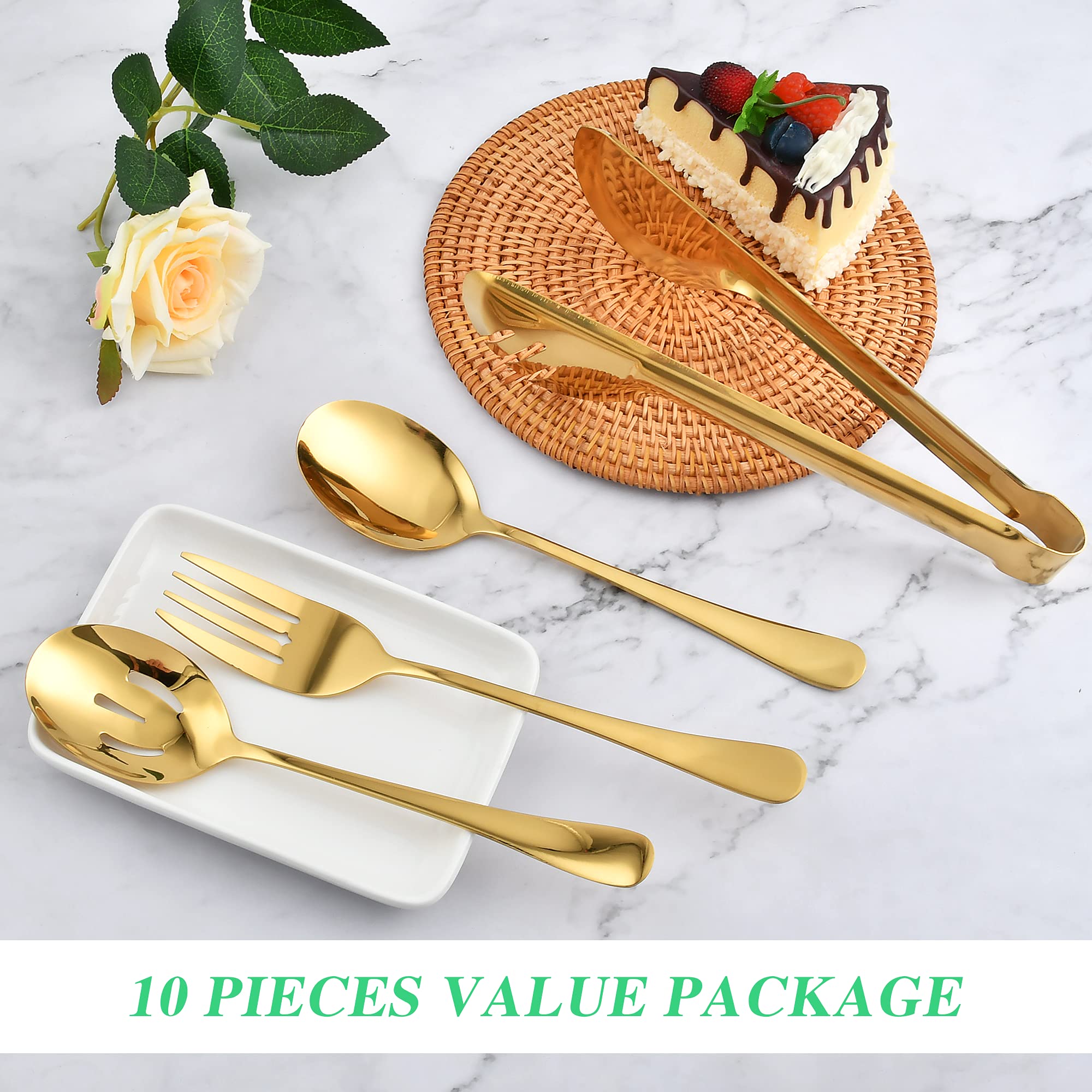 Worldity 10 Pieces Gold Serving Utensils, Stainless Steel Gold Serving Spoons, Slotted Spoons, Forks, Serving Tongs, Serving Utensils Set for Parties, Home, Restaurant, Dishwasher Safe